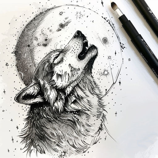 Black and grey shading tattoo design of a wolf howling at a moon with ...