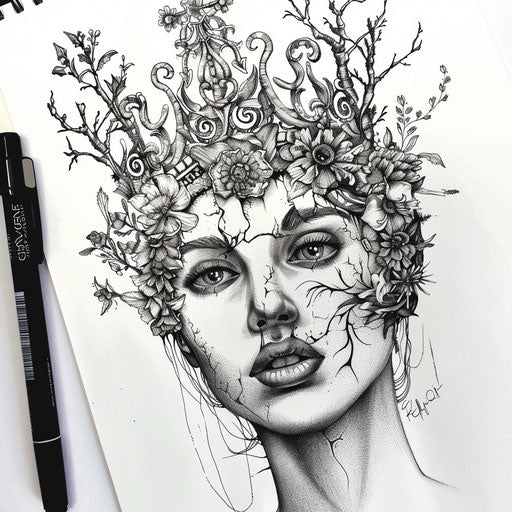 Surreal queen crown tattoo illustration with nature elements – IMAGELLA