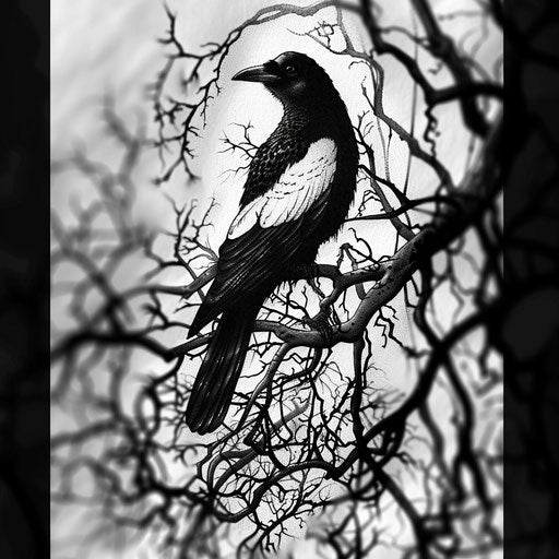 Gothic flat tattoo sketch of a magpie in a dark, thorny forest – IMAGELLA