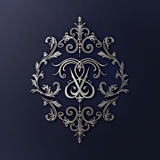 Logos with monogram and delicate filigree, silver accents on dark blue ...