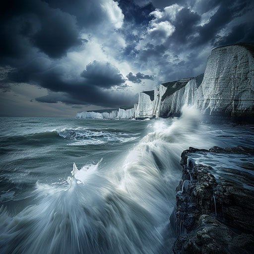 White cliffs of Dover under stormy skies, crashing waves – IMAGELLA