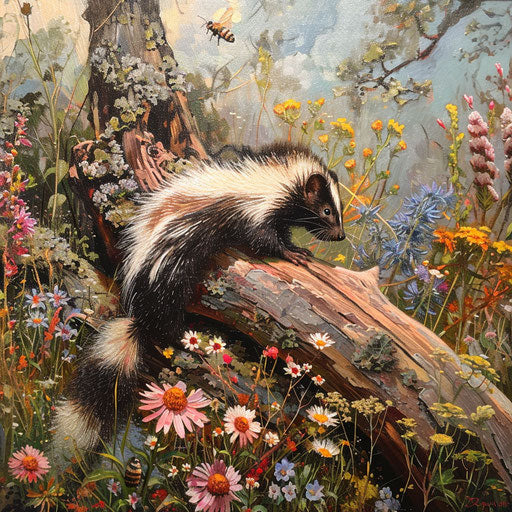 A curious eastern spotted skunk exploring a fallen tree, surrounded by ...