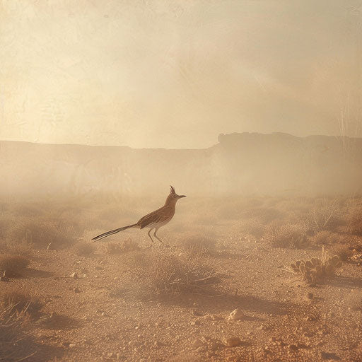 Running bird on an ethereal morning desert road – IMAGELLA
