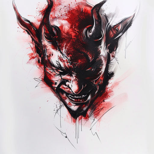 Hyper-realistic devil face tattoo design in deep red on white – IMAGELLA