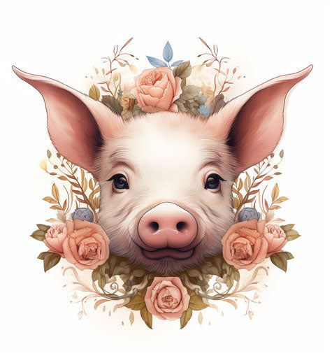 An art drawing of a pig with flowers, captivating, symmetrical, sketchy ...