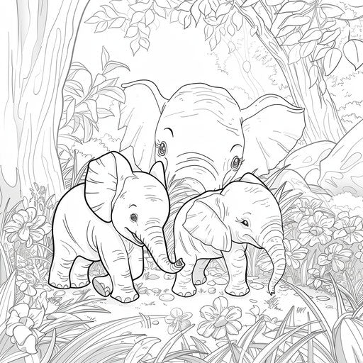 Baby elephants playing in a meadow, Teagan White style coloring book ...