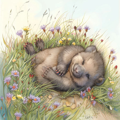 Young wombat playfully rolling down a grassy hill – IMAGELLA
