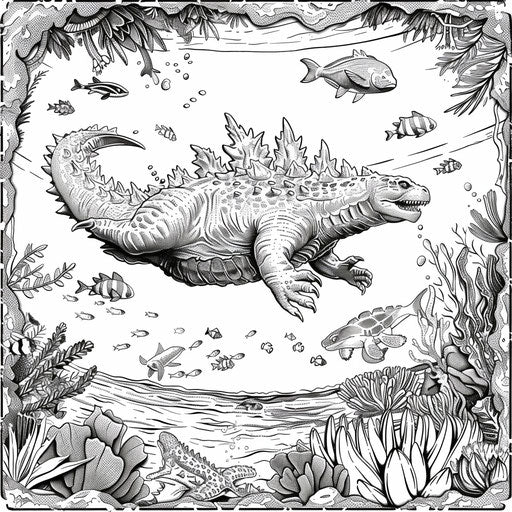 Godzilla swimming underwater with marine life around. Coloring book ...