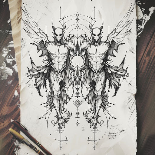 Stylized flat tattoo sketch of an angel and devil with mirrored poses ...