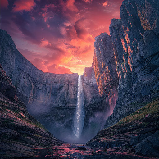 Epic waterfall with towering cliffs and vibrant sky – IMAGELLA