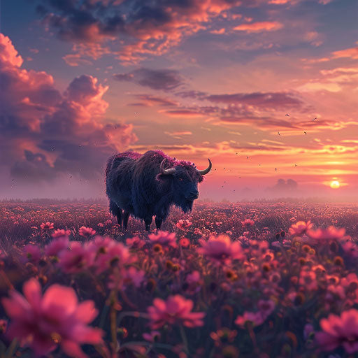 Yak in flower-covered plain at twilight – IMAGELLA
