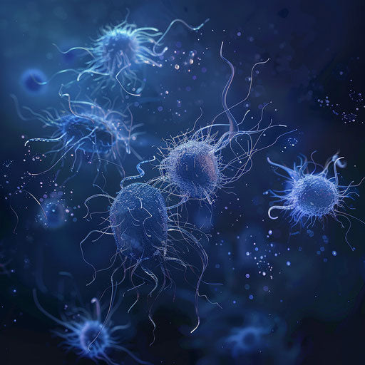 Photo-realistic germs on flat indigo background – IMAGELLA