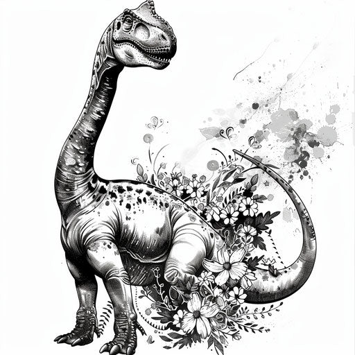 Dinosaur tattoo with brontosaurus and floral patterns – IMAGELLA