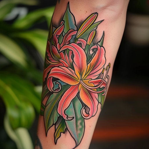 Neo-traditional spider lily tattoo with bold outlines and vibrant ...