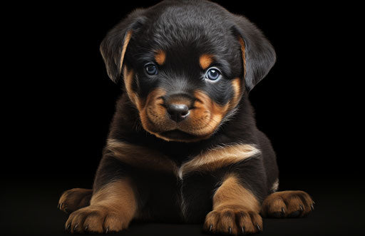A black and brown face rottweiler puppy sitting on white background ...