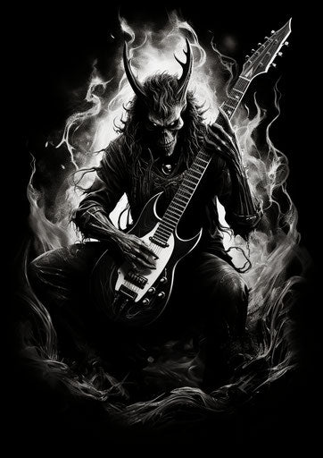 A devil playing guitar in black and white, strong graphic style – IMAGELLA
