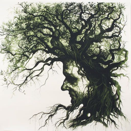 Gothic-style tree of life, ghostly branches in deep greens and blacks ...