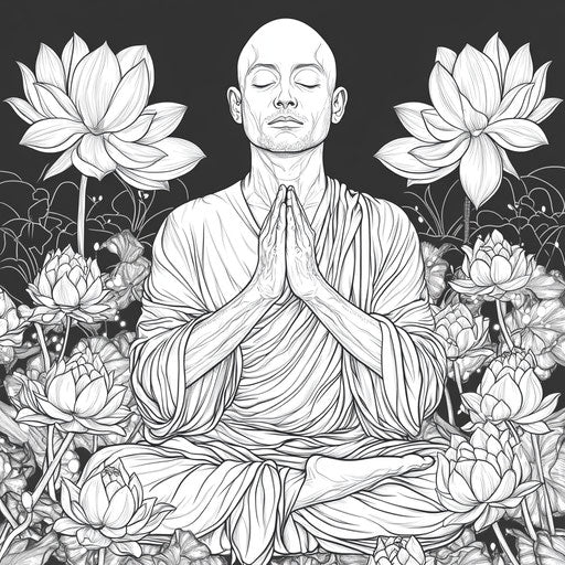 Monk meditating surrounded by lotus flowers, Jen Bartel style, Coloring ...