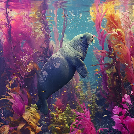 Walrus swimming among seaweed and fish, Simen Johan style – IMAGELLA