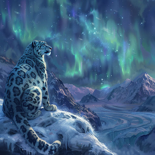 Snow leopard on a glacier, gazing at the northern lights – IMAGELLA