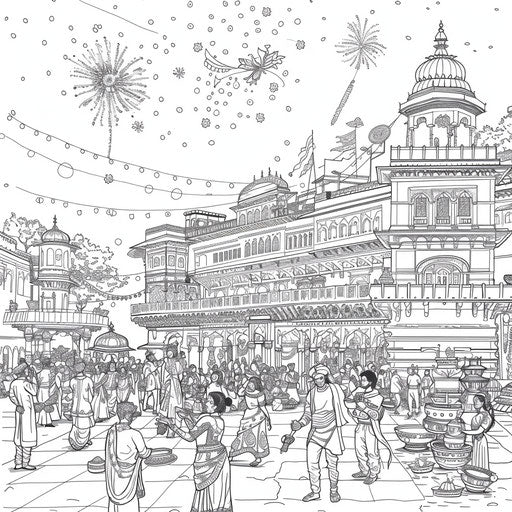 Diwali parade with people in traditional attire and floats. Coloring ...