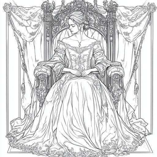 Queen sitting on a throne with royal robes, Teagan White style ...