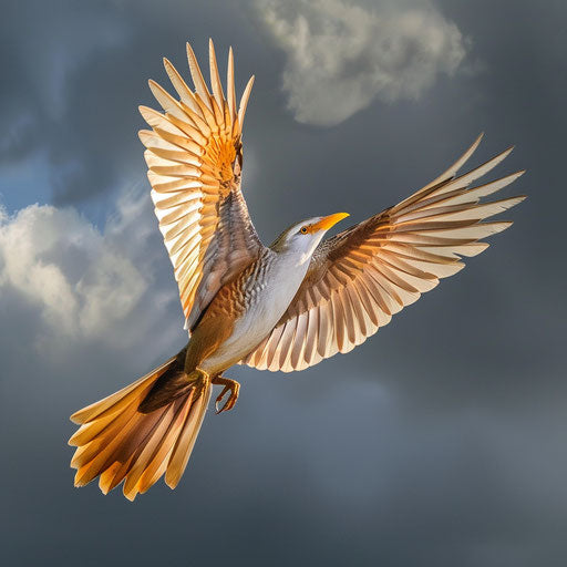 Yellow billed cuckoo flying in stormy skies – IMAGELLA