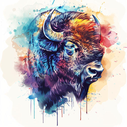 Dynamic flat clipart style tattoo sketch of a bison with splashes ...