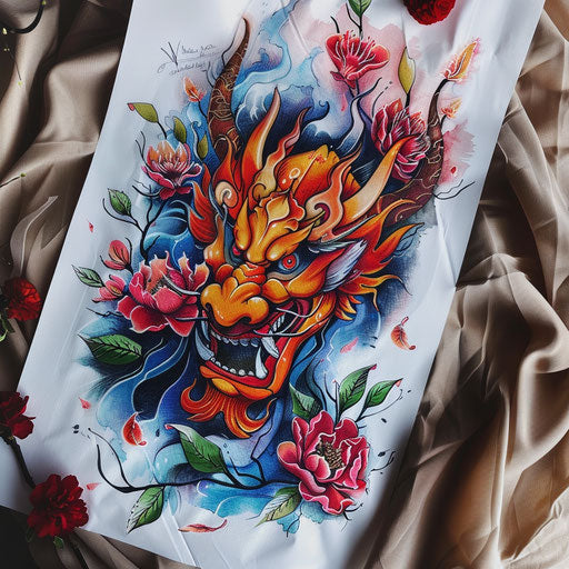 Neo-traditional oni head with floral motifs and sharp details, in ...