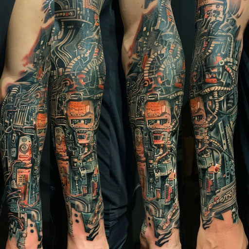 Sleeve tattoo with futuristic and cybernetic themes – IMAGELLA