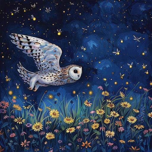 White owl chasing fireflies in a wildflower meadow under starry sky ...