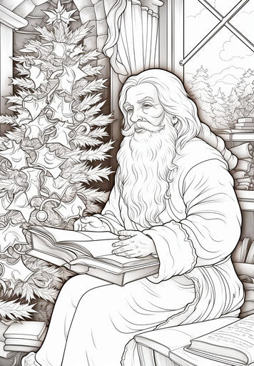 Santa at the library coloring pages with a Christmas tree – IMAGELLA