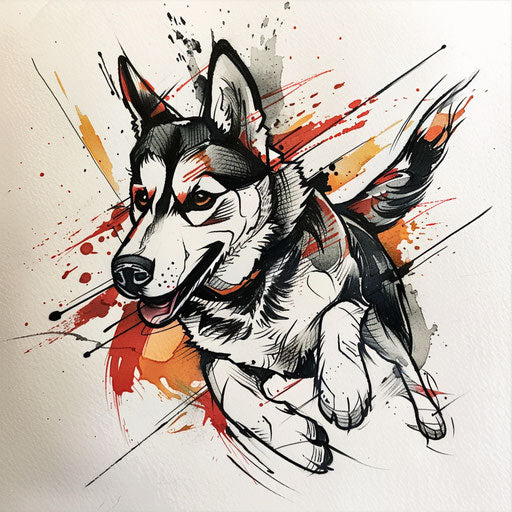 Dynamic flat tattoo sketch of a husky running with abstract splashes ...