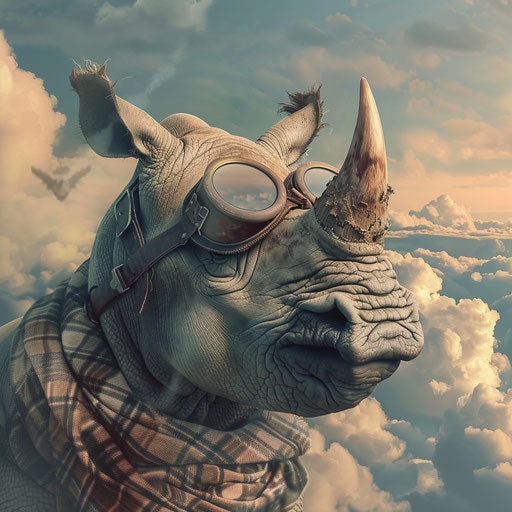 Rhino as vintage plane pilot flying against the clouds – IMAGELLA