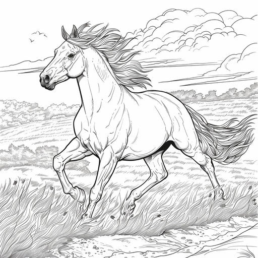 Pony galloping in open field, coloring book page – IMAGELLA