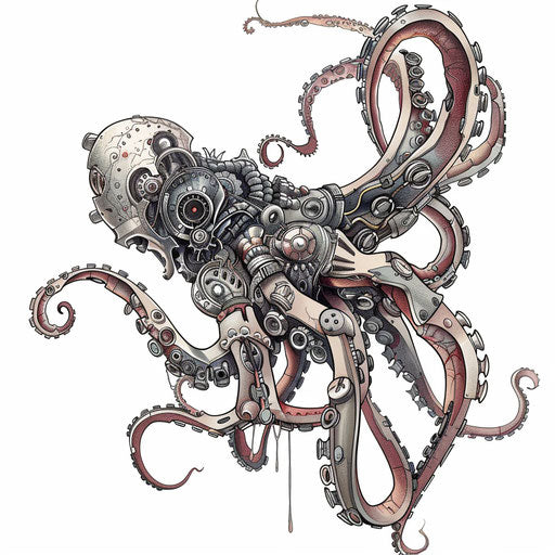 Biomechanical octopus tattoo art, blending organic arms with mechanical ...