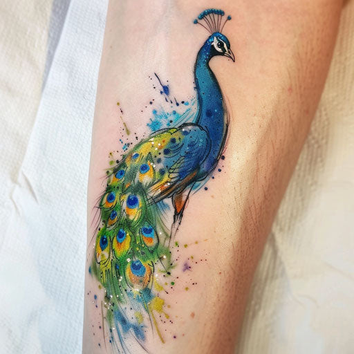 Impressionist-inspired peacock tattoo, loose brush strokes – IMAGELLA