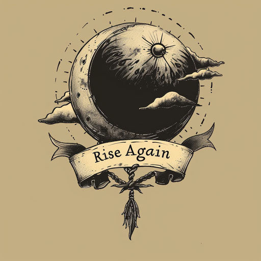 Motivational eclipse with 'Rise Again' banner, muted tones – IMAGELLA