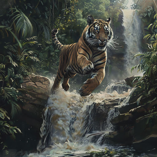 Sunda tiger leaping in rocky ravine with waterfall – IMAGELLA