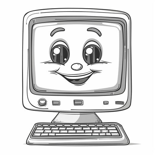 Whimsical smiling cartoon computer, coloring book page – IMAGELLA