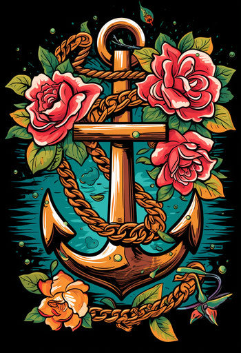 Anchor with roses and rope, in the style of pop art-inspired colors and ...