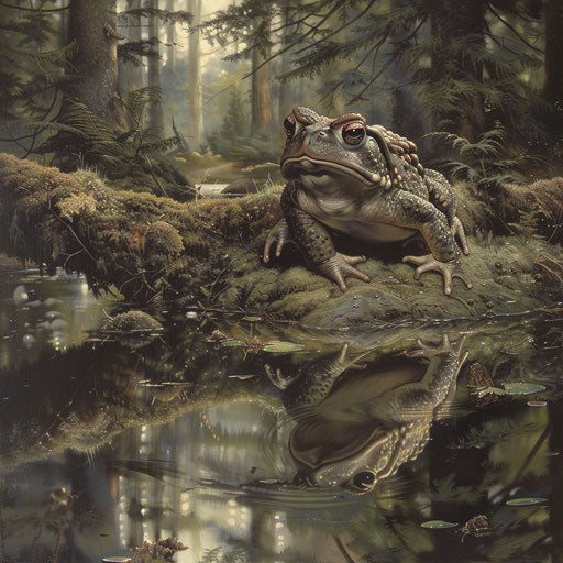 Toad crossing a forest stream with its reflection in the water – IMAGELLA