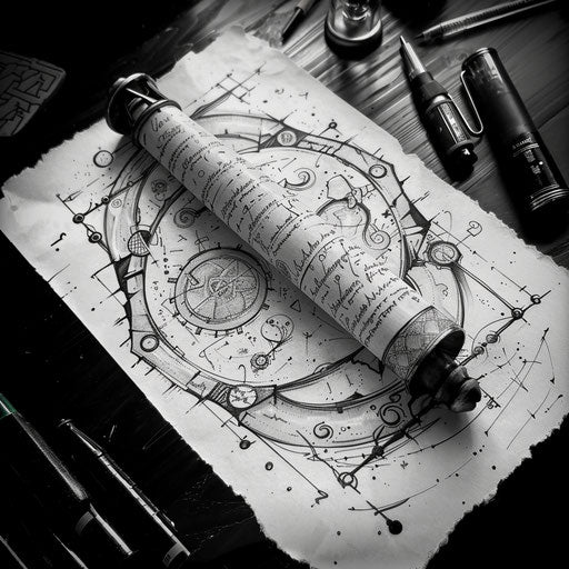 Flat tattoo sketch of a magic scroll unrolled with mysterious ...