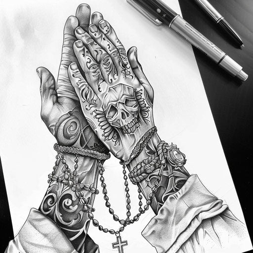 Chicano art praying hands tattoo sketch with rosary – IMAGELLA