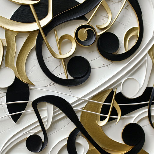 Art deco-inspired music notes arrangement, black and gold, on white ...