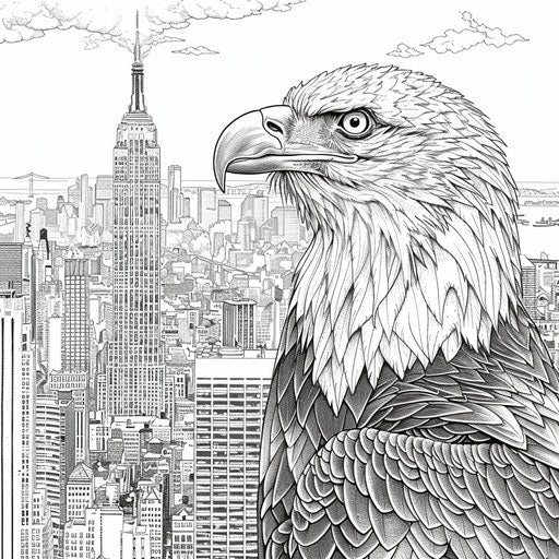 Pygargue à tête blanche dans un paysage urbain détaillé, style Stephen ...