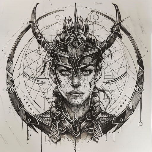 Futuristic flat tattoo sketch of Freya as a warrior in a sci-fi setting ...