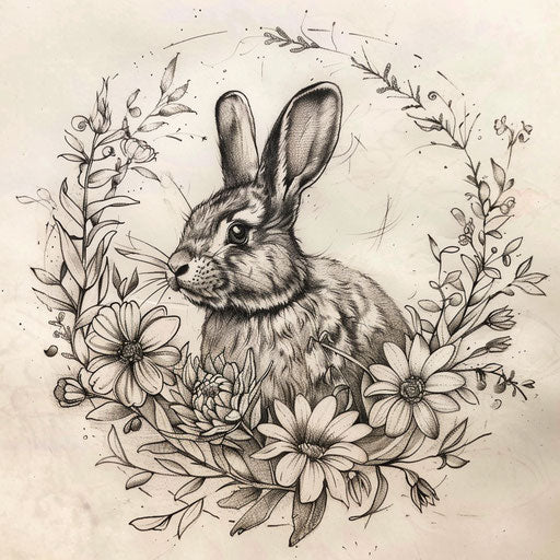 Tranquil black rabbit tattoo sketch in a garden setting – IMAGELLA