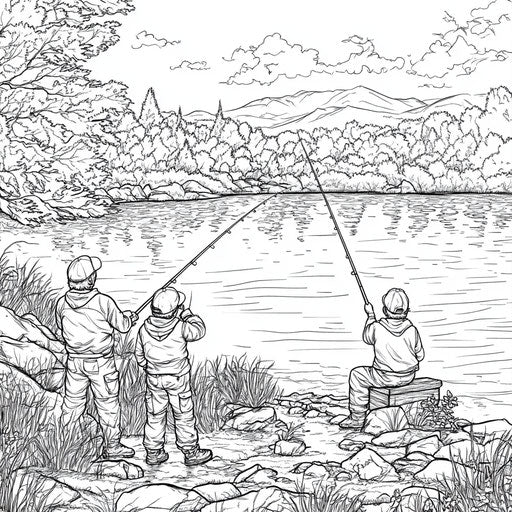 Friends fishing at a lake with serene background, Mark Schultz style ...