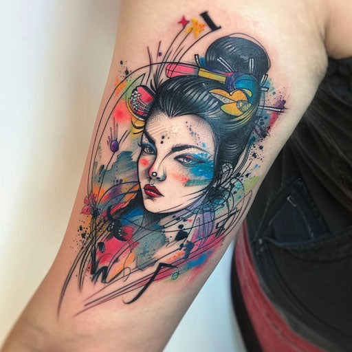 Psychedelic geisha tattoo, swirling colors and abstract forms – IMAGELLA
